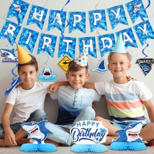 28 Pieces Shark Party Supplies Set Includes 12 Pieces Hanging Swirls Shark Happy Birthday Banner 12 Pieces Hanging Cutouts 3 Pieces Birthday Honeycomb Centerpiece for Birthday Party Decorations