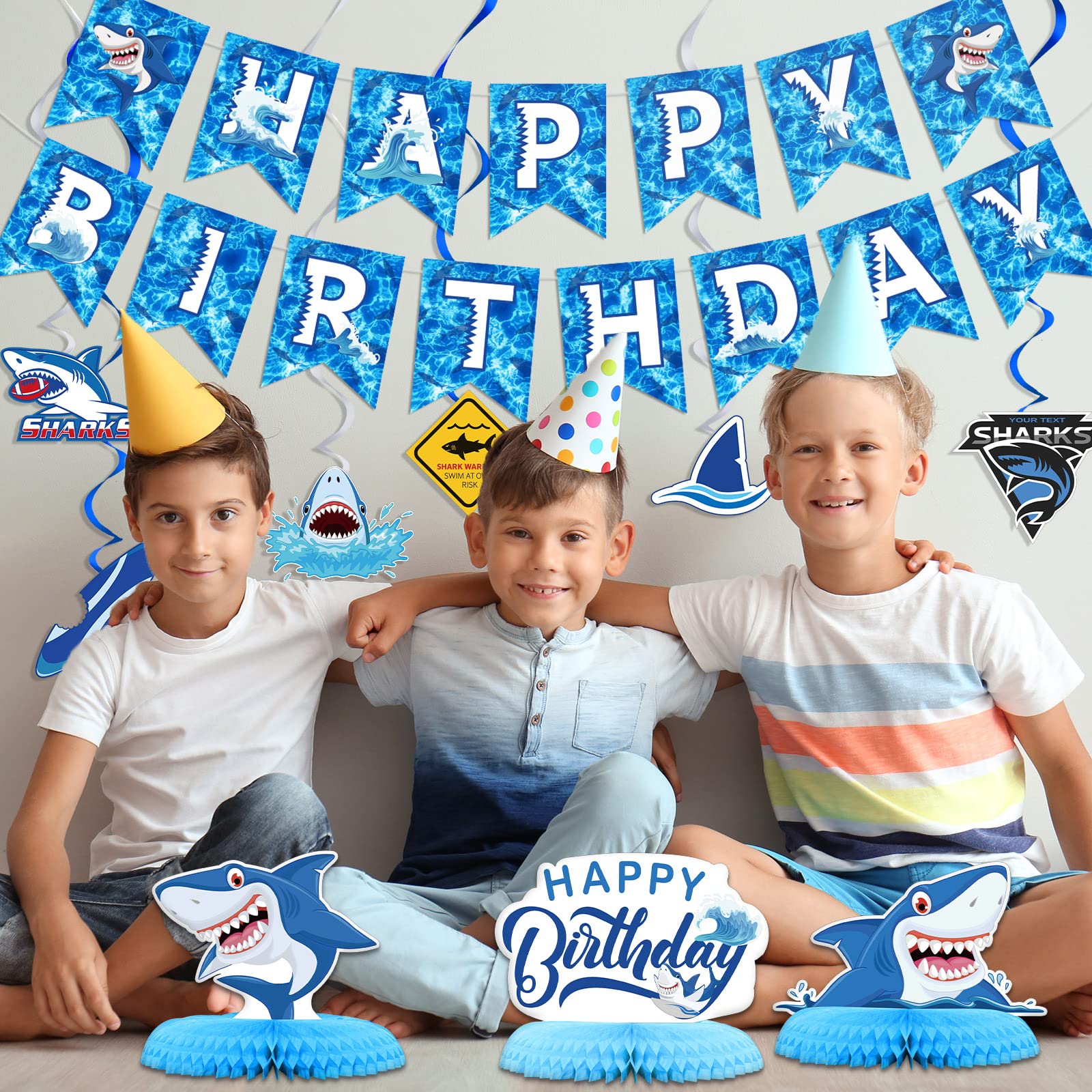 28 Pieces Shark Party Supplies Set Includes 12 Pieces Hanging Swirls Shark Happy Birthday Banner 12 Pieces Hanging Cutouts 3 Pieces Birthday Honeycomb Centerpiece for Birthday Party Decorations