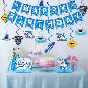 28 Pieces Shark Party Supplies Set Includes 12 Pieces Hanging Swirls Shark Happy Birthday Banner 12 Pieces Hanging Cutouts 3 Pieces Birthday Honeycomb Centerpiece for Birthday Party Decorations