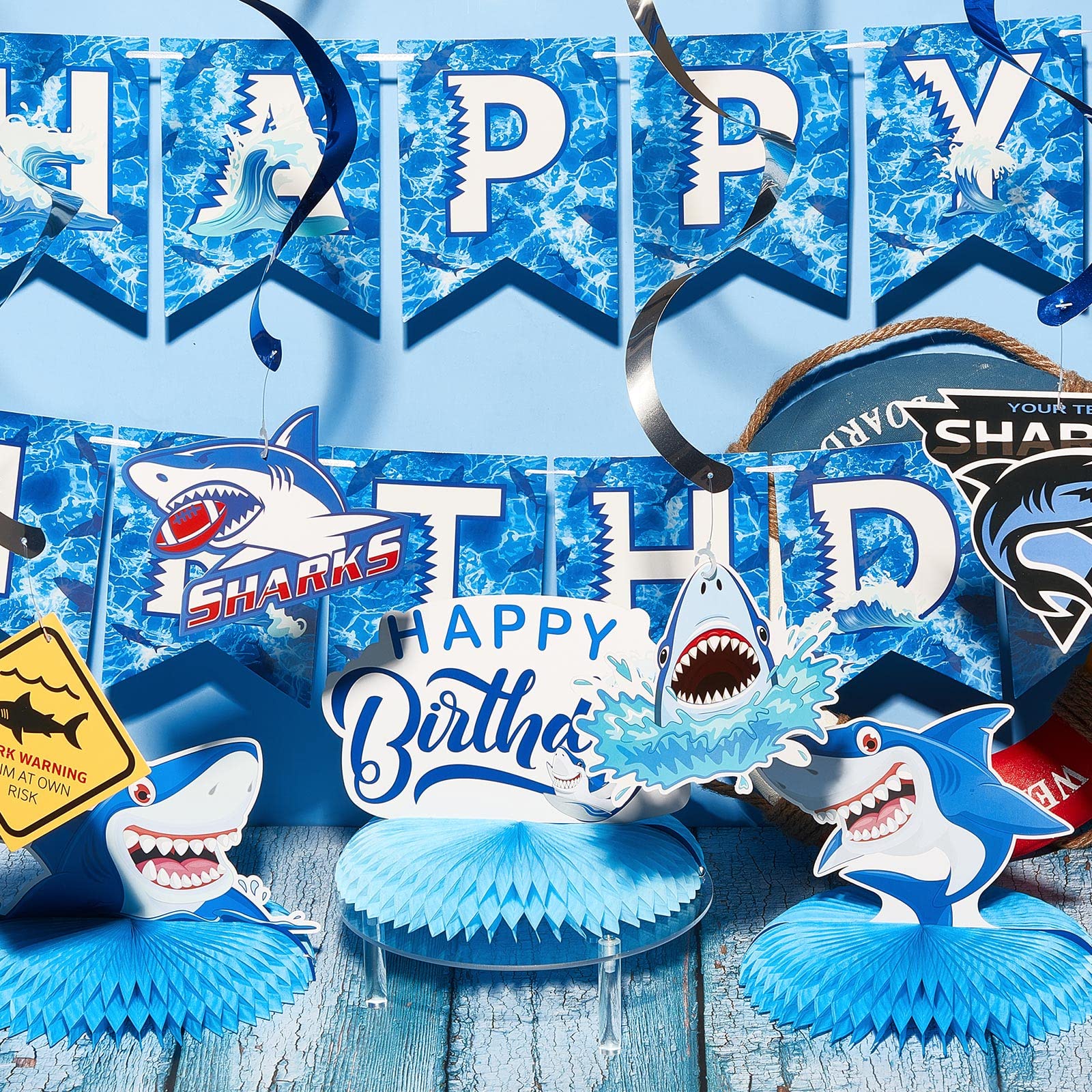 28 Pieces Shark Party Supplies Set Includes 12 Pieces Hanging Swirls Shark Happy Birthday Banner 12 Pieces Hanging Cutouts 3 Pieces Birthday Honeycomb Centerpiece for Birthday Party Decorations