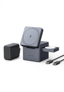 anker magsafe charger stand,anker 3-in-1 cube with magsafe, 15w max fast charging stand, foldable wireless charger for iphone 15/14/13, apple watch s1-8/ultra, airpods (30w usb-c charger included)