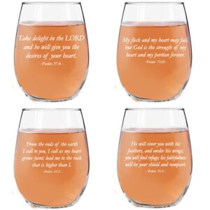 psalms 4 pack stemless drinkware- (15 oz) | encouraging bible verses | christian gifts | easter gift biblical scripture| inspirational gift for women|candleholder| stemless wine glasses made in usa