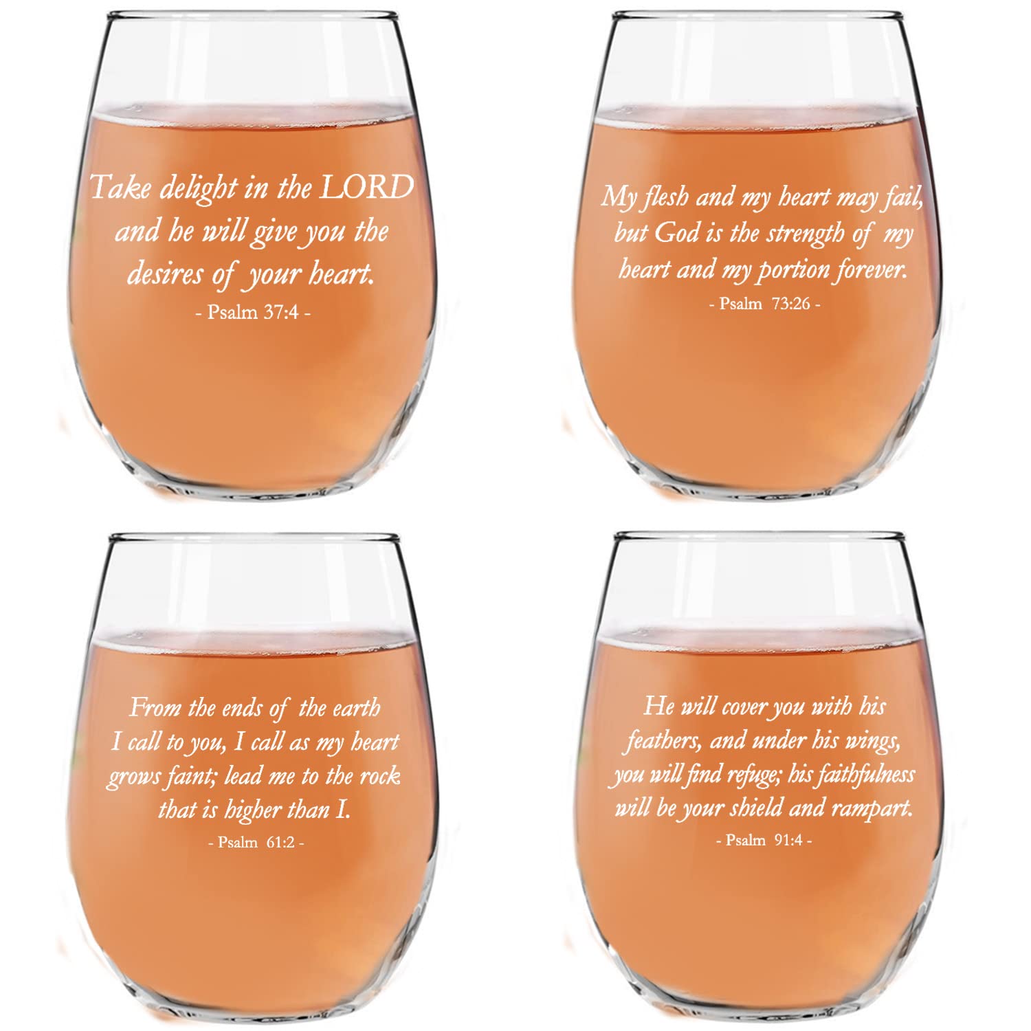 Psalms 4 Pack Stemless Drinkware- (15 oz) | Encouraging Bible Verses | Christian Gifts | Easter Gift Biblical Scripture| Inspirational Gift for Women|Candleholder| Stemless Wine Glasses Made in USA