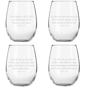 Psalms 4 Pack Stemless Drinkware- (15 oz) | Encouraging Bible Verses | Christian Gifts | Easter Gift Biblical Scripture| Inspirational Gift for Women|Candleholder| Stemless Wine Glasses Made in USA