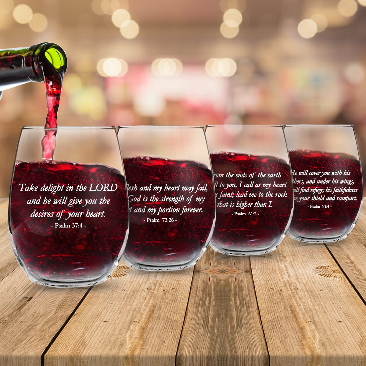 Psalms 4 Pack Stemless Drinkware- (15 oz) | Encouraging Bible Verses | Christian Gifts | Easter Gift Biblical Scripture| Inspirational Gift for Women|Candleholder| Stemless Wine Glasses Made in USA