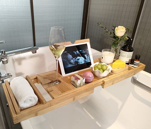 Bamboo Bath Tray, Expandable Bath Caddy with Wine and Book Holder-Headley Tools Bathtub Caddy for Luxury Bath, Adjustable Bath Caddy Tray for Bathtub-Great Gift for Women/Men (Wood Color)