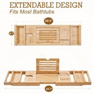 Bamboo Bath Tray, Expandable Bath Caddy with Wine and Book Holder-Headley Tools Bathtub Caddy for Luxury Bath, Adjustable Bath Caddy Tray for Bathtub-Great Gift for Women/Men (Wood Color)