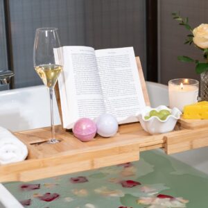 Bamboo Bath Tray, Expandable Bath Caddy with Wine and Book Holder-Headley Tools Bathtub Caddy for Luxury Bath, Adjustable Bath Caddy Tray for Bathtub-Great Gift for Women/Men (Wood Color)