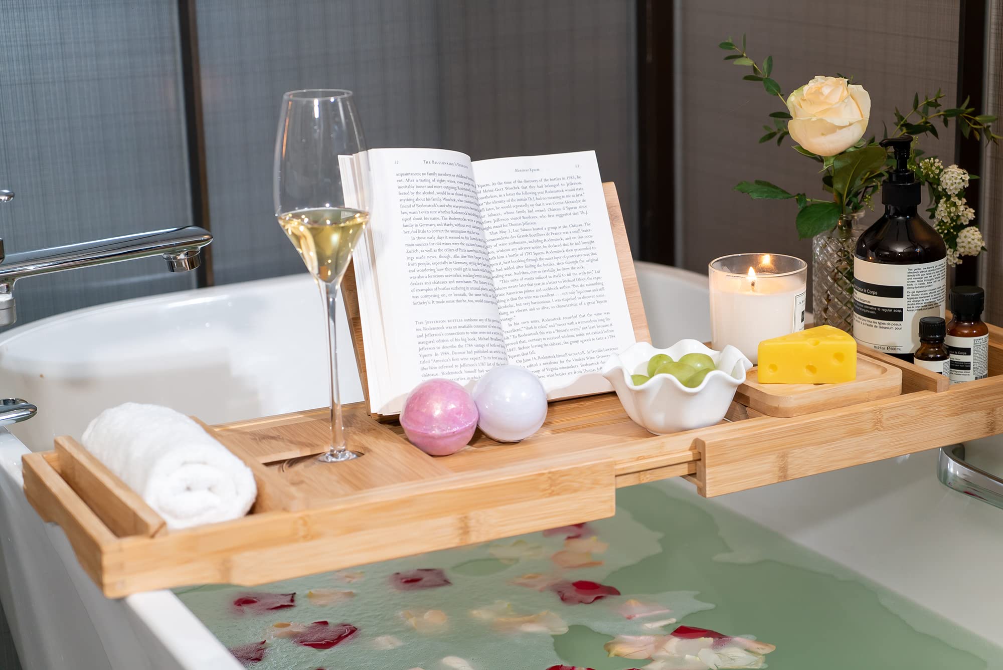 Bamboo Bath Tray, Expandable Bath Caddy with Wine and Book Holder-Headley Tools Bathtub Caddy for Luxury Bath, Adjustable Bath Caddy Tray for Bathtub-Great Gift for Women/Men (Wood Color)