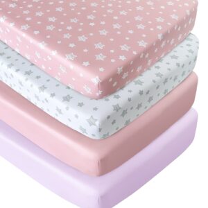 crib sheets for girls 4 pack, fitted crib sheets for standard size crib and toddler mattresses, soft and breathable crib sheets baby gift girl set, pink