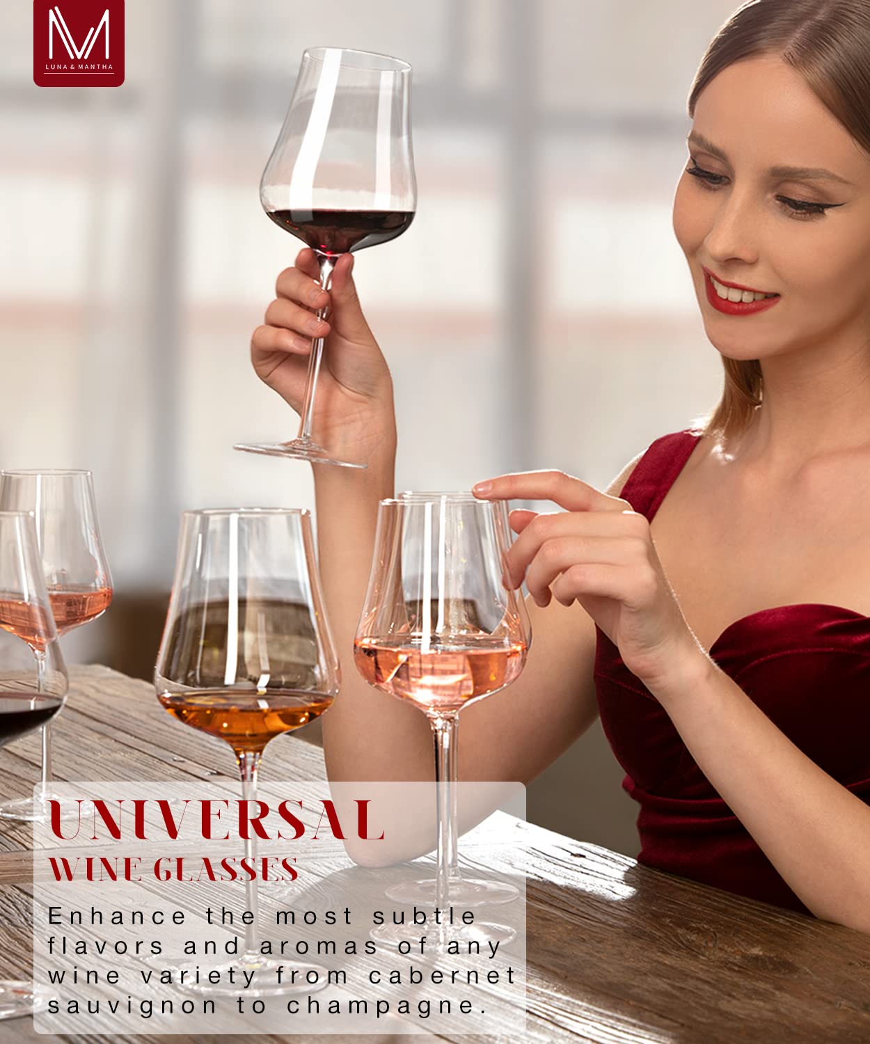 LUNA & MANTHA Red Wine Glasses | Set of 4 | Premium Crystal Wine Glass | Hand-Blown Long Stem Burgundy Wine Glasses | 18Oz | Martini Set Gifts for Wedding, Anniversary, Birthday|Clear