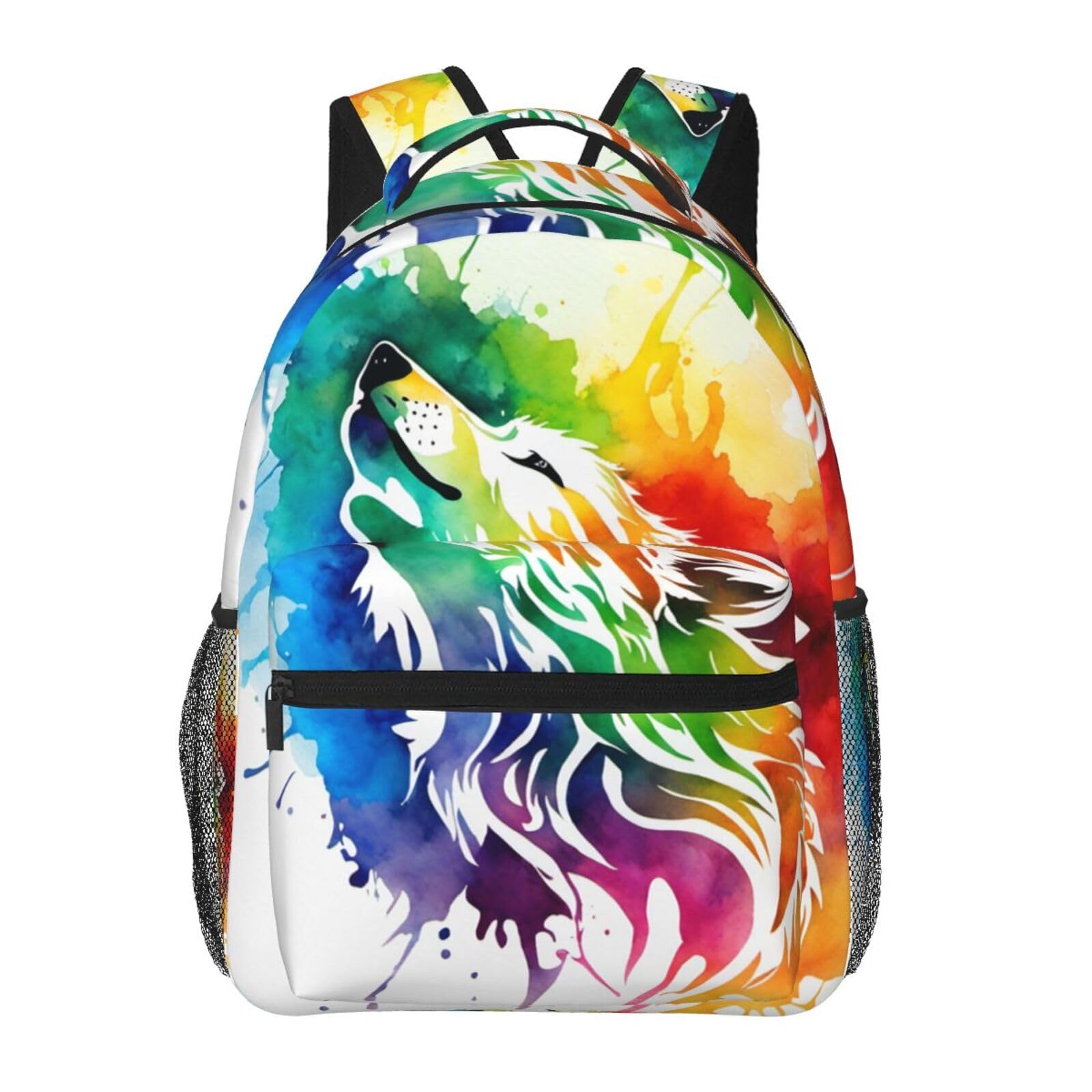 FeHuew Tie Dye Colorful Howl Wolf Backpack Bookbag 16 inch Laptop Bag Shoulder Bag Casual Daypack for Teenager