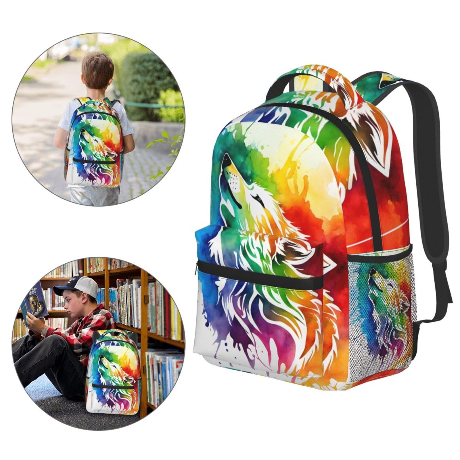 FeHuew Tie Dye Colorful Howl Wolf Backpack Bookbag 16 inch Laptop Bag Shoulder Bag Casual Daypack for Teenager