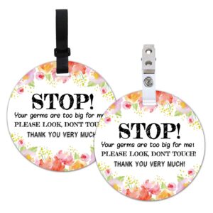 stop, no touching baby car seat sign or stroller tag, 2 pack flower baby car safety signs tags for newborn baby, baby car seat, baby stroller backpack. (5 inches)