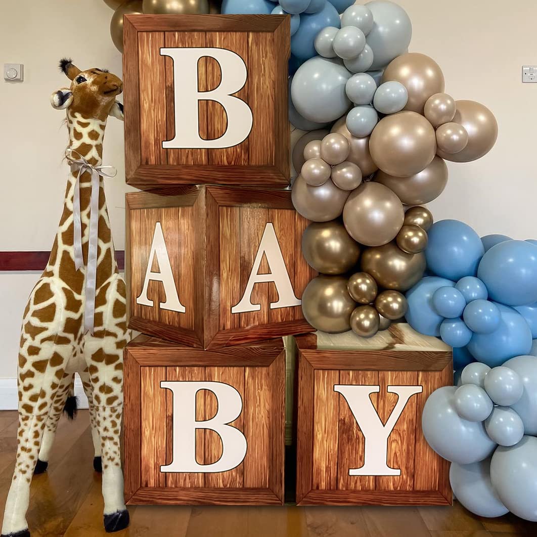 Wood Grain Printing Baby Shower Display Boxes Party Decorations, Neutral Gender Reveal Party Backdrop, Brown Teddy Bear Baby Stacking Blocks Backdrop with Letters for Boy Girl Birthday Party