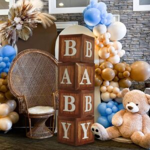 Wood Grain Printing Baby Shower Display Boxes Party Decorations, Neutral Gender Reveal Party Backdrop, Brown Teddy Bear Baby Stacking Blocks Backdrop with Letters for Boy Girl Birthday Party