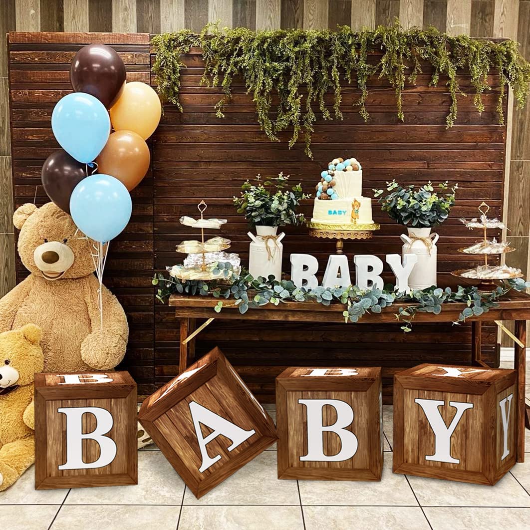 Wood Grain Printing Baby Shower Display Boxes Party Decorations, Neutral Gender Reveal Party Backdrop, Brown Teddy Bear Baby Stacking Blocks Backdrop with Letters for Boy Girl Birthday Party