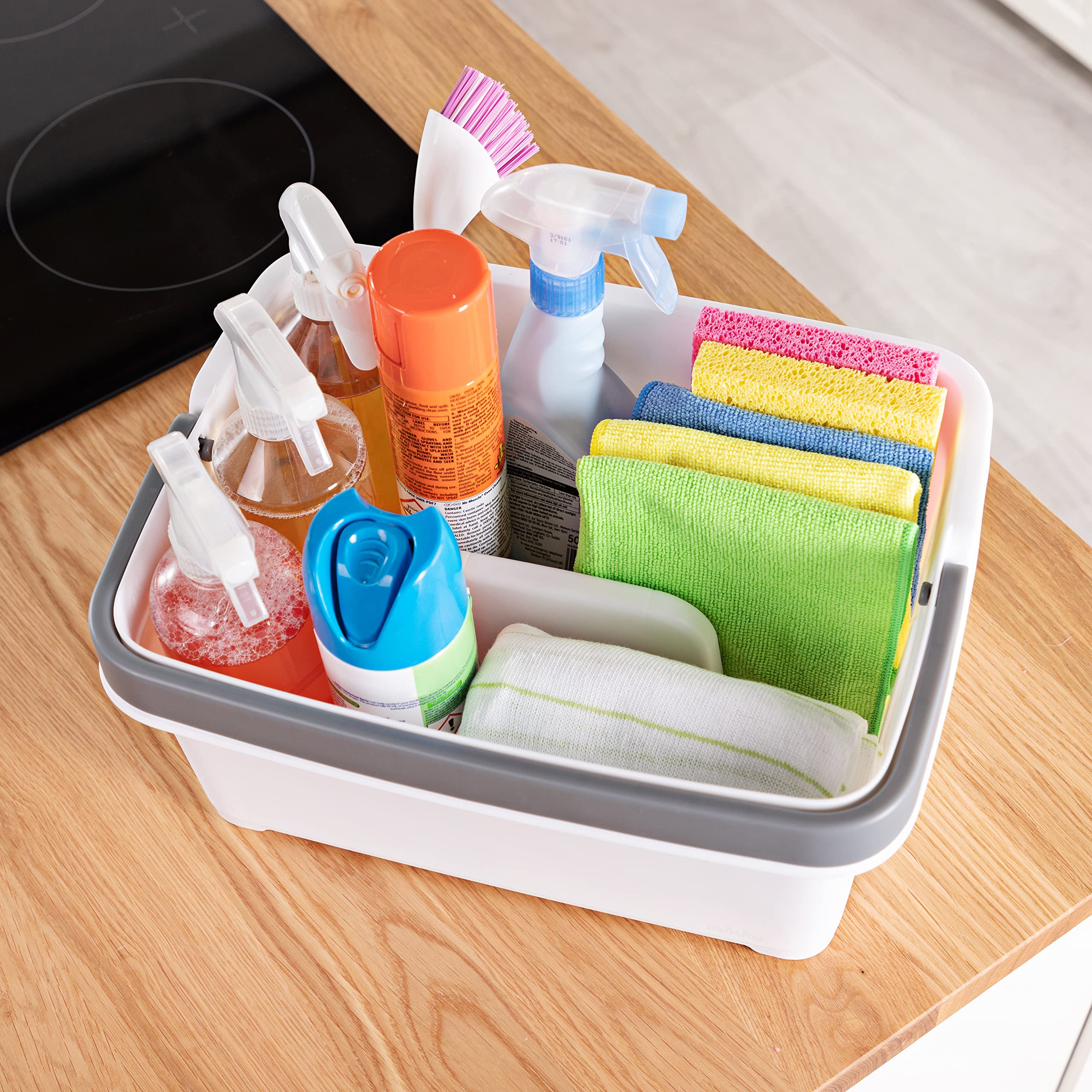 Minky Large Storage Caddy - Easy to Clean Plastic Storage Bin with Foldaway Handle - Perfect for Cleaning, Crafts, Baby Items, DIY - Great for Pantry, Fridge & Organization - Made in UK (White)