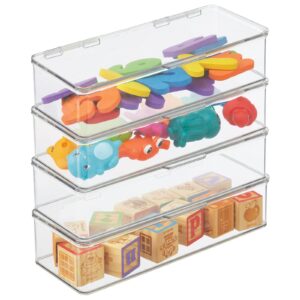 mdesign plastic playroom and gaming storage organizer box containers with hinged lid for shelves or cubbies, holds small toys, building blocks, puzzles, markers, controllers, or crayons, 4 pack, clear