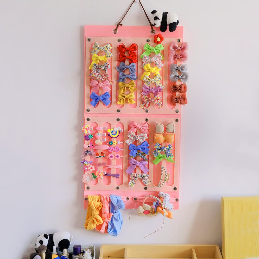 Hair Bows Holder Hair Clips Storage Hanger Hair Bows Organizer Baby Hair Accessory Storage Display Sturdy Rope Wall Hanging for Girl Room, Baby Nursery Decors 16 Ribbons