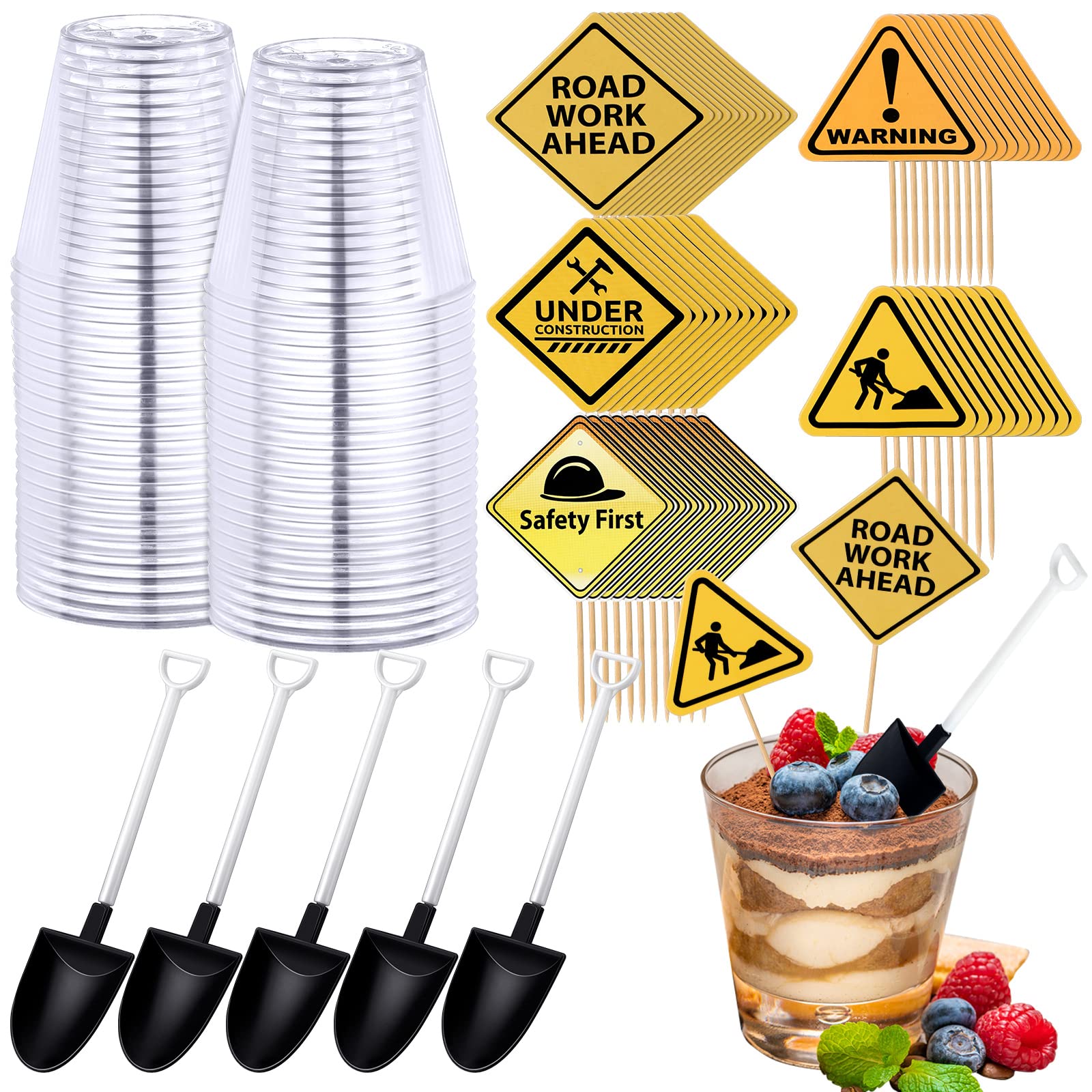 BBTO 150 Pieces Construction Party Supplies 50 Pieces Plastic Shovel Shape Novelty Spoons, 50 Pieces Cake Desserts Cups, 50 Pieces Construction Cupcake Toppers for Construction Themed Birthday Party