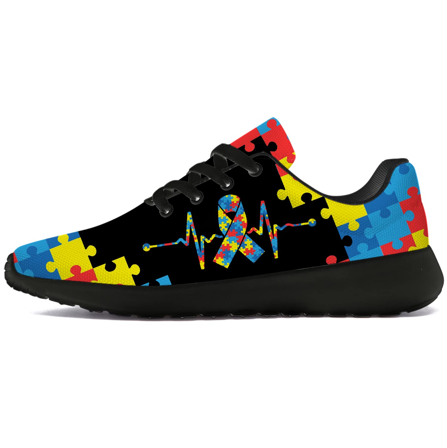 Uminder Autism Awareness Shoes for Boy Girl Running Shoes Walking Tennis Sneakers Autism Ribbon Gifts Autistic Puzzle Shoes Gifts for Women Men,Size 4 Men/6 Women Black