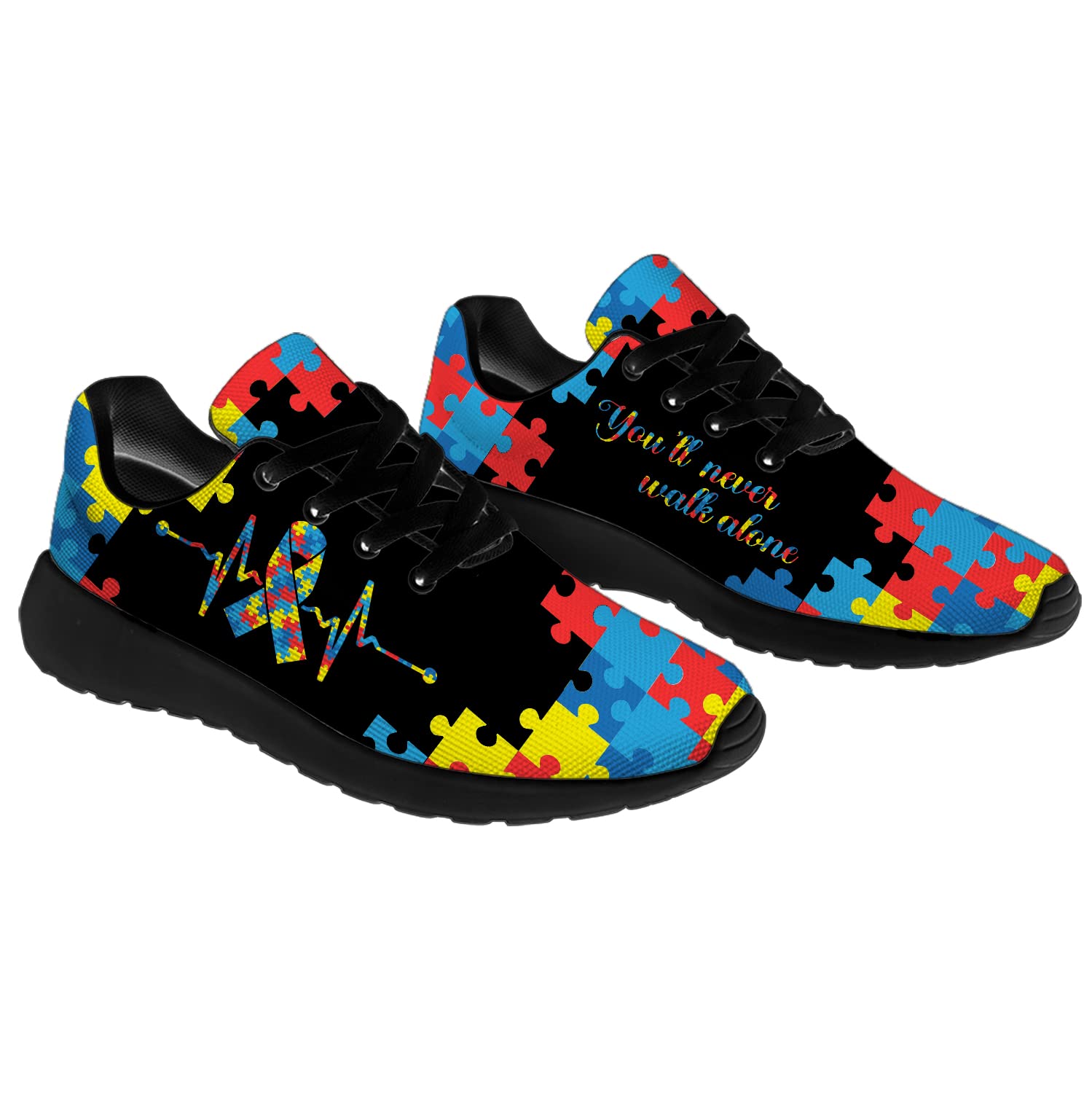 Uminder Autism Awareness Shoes for Boy Girl Running Shoes Walking Tennis Sneakers Autism Ribbon Gifts Autistic Puzzle Shoes Gifts for Women Men,Size 4 Men/6 Women Black