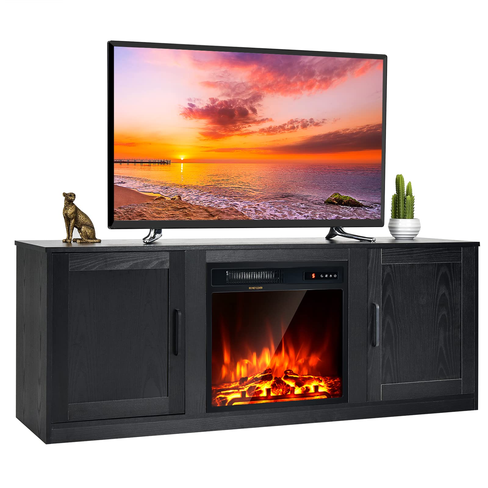 Tangkula Electric Fireplace TV Stand for TVs up to 65 Inch,with 18 Inch 1500W Faux Fireplace,Built-in Thermostat, 5 Level Brightness, Remote Control and Timer,Fireplace Stand for Living Room (Black)