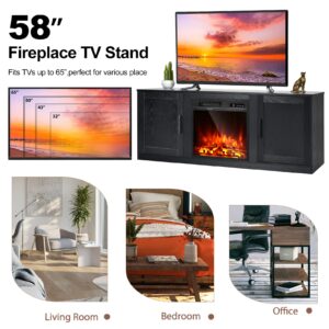 Tangkula Electric Fireplace TV Stand for TVs up to 65 Inch,with 18 Inch 1500W Faux Fireplace,Built-in Thermostat, 5 Level Brightness, Remote Control and Timer,Fireplace Stand for Living Room (Black)