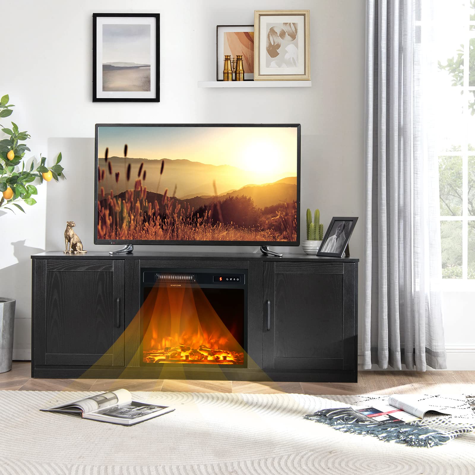 Tangkula Electric Fireplace TV Stand for TVs up to 65 Inch,with 18 Inch 1500W Faux Fireplace,Built-in Thermostat, 5 Level Brightness, Remote Control and Timer,Fireplace Stand for Living Room (Black)