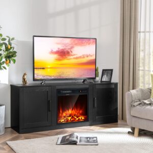 Tangkula Electric Fireplace TV Stand for TVs up to 65 Inch,with 18 Inch 1500W Faux Fireplace,Built-in Thermostat, 5 Level Brightness, Remote Control and Timer,Fireplace Stand for Living Room (Black)