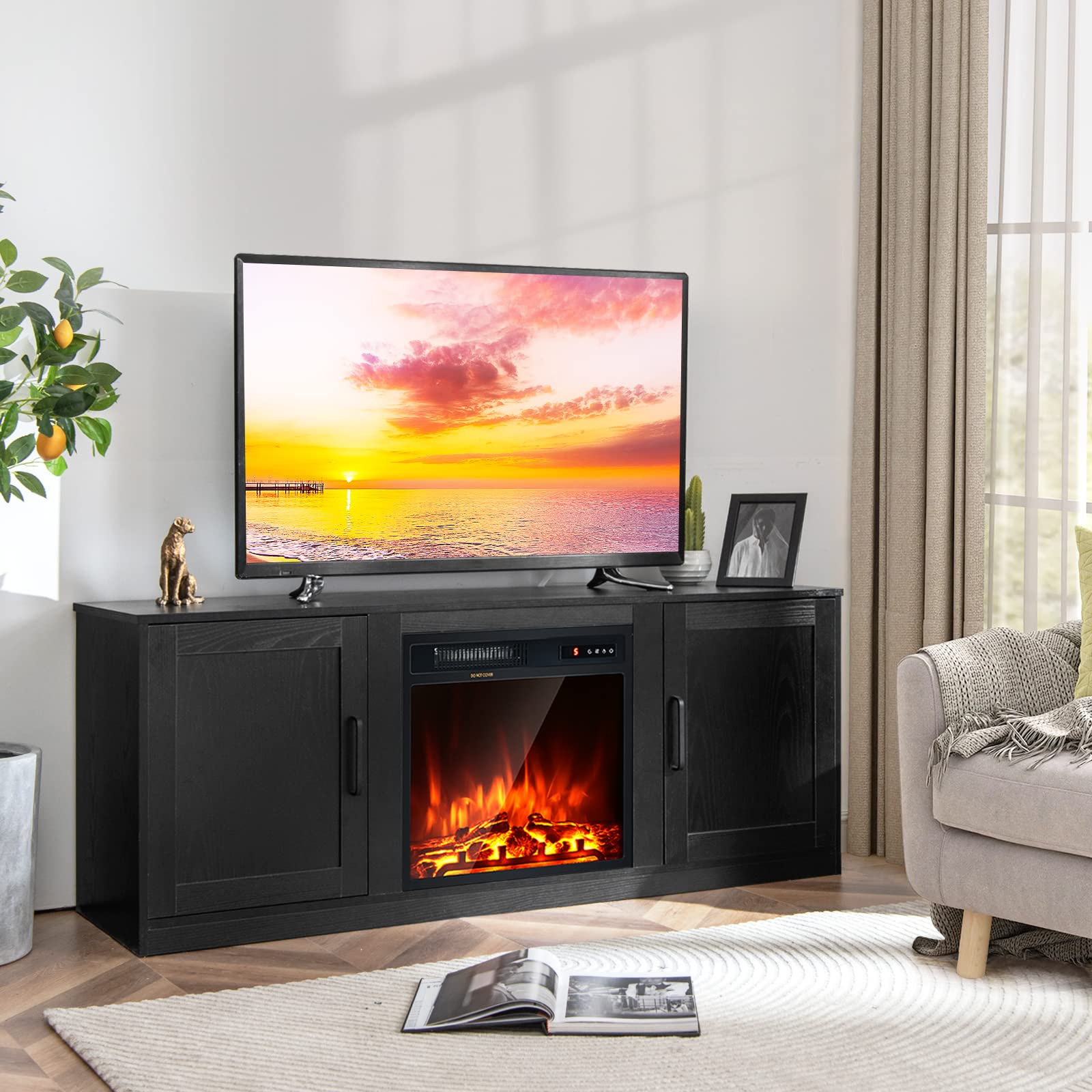 Tangkula Electric Fireplace TV Stand for TVs up to 65 Inch,with 18 Inch 1500W Faux Fireplace,Built-in Thermostat, 5 Level Brightness, Remote Control and Timer,Fireplace Stand for Living Room (Black)