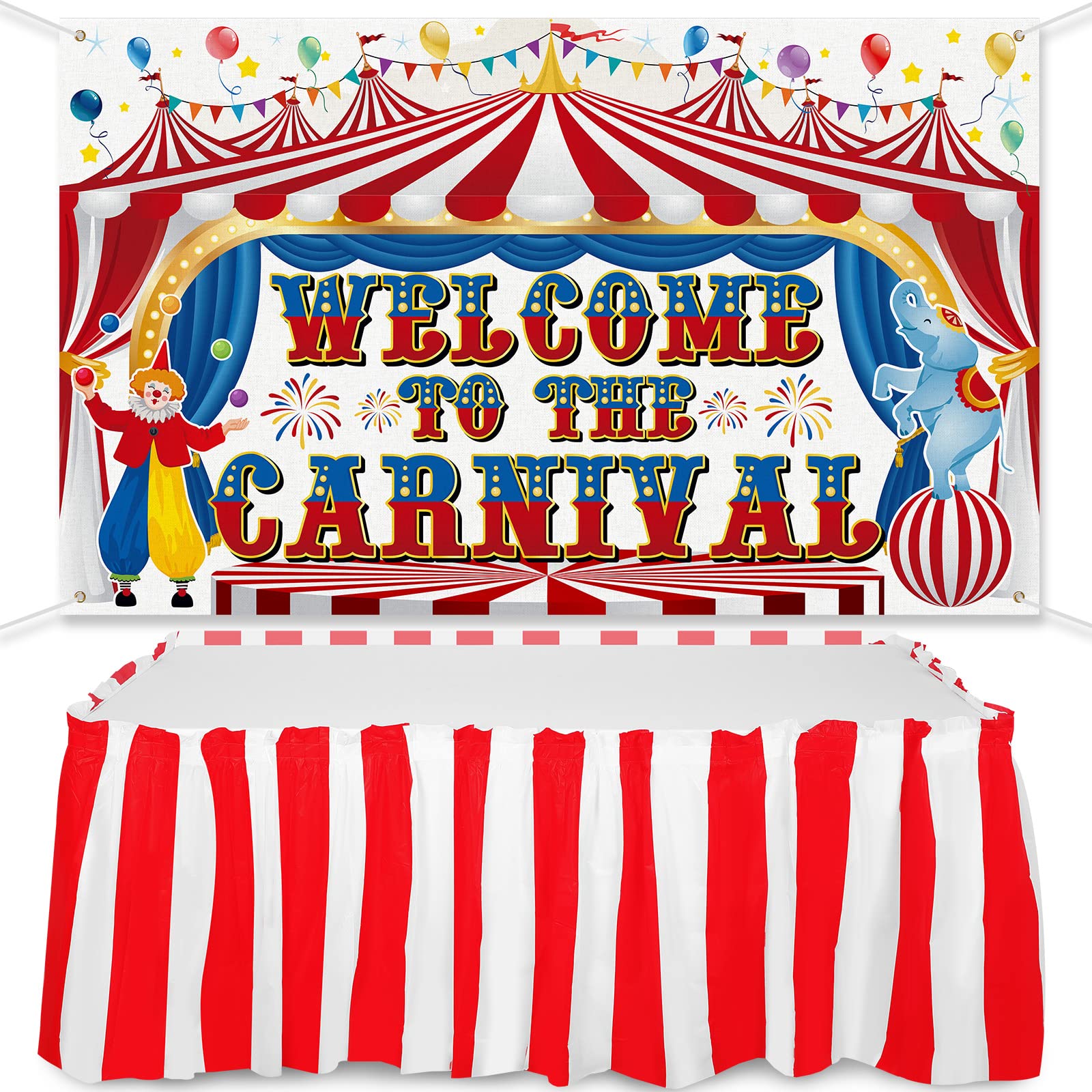 Carnival Circus Theme Party Decorations Welcome to The Carnival Backdrop Banner and Red White Striped Table Skirt Set for Carnival Theme Party Circus Christmas Halloween Birthday Party Decor