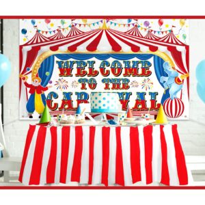 Carnival Circus Theme Party Decorations Welcome to The Carnival Backdrop Banner and Red White Striped Table Skirt Set for Carnival Theme Party Circus Christmas Halloween Birthday Party Decor