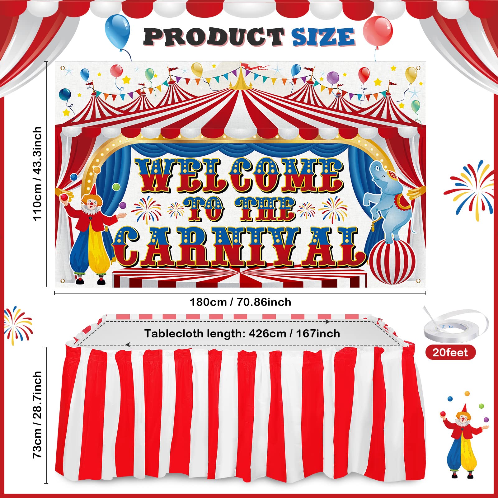 Carnival Circus Theme Party Decorations Welcome to The Carnival Backdrop Banner and Red White Striped Table Skirt Set for Carnival Theme Party Circus Christmas Halloween Birthday Party Decor