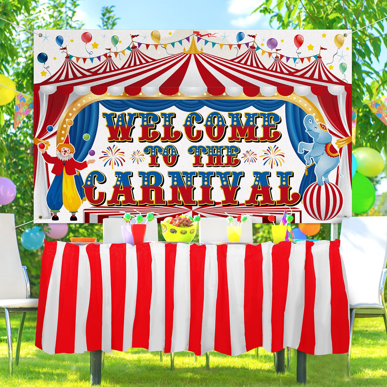 Carnival Circus Theme Party Decorations Welcome to The Carnival Backdrop Banner and Red White Striped Table Skirt Set for Carnival Theme Party Circus Christmas Halloween Birthday Party Decor