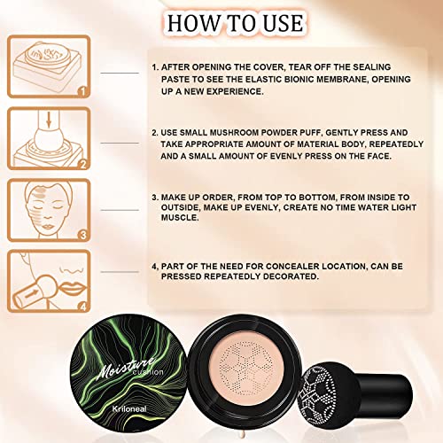 Kriloneal CC Cream Foundation Mushroom Head Air Cushion Face Makeup Moisturizing Concealer Waterproof Oil Control Long-Lasting Nude Makeup Even Skin Tone for All Skin Types (Natural)