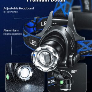 LED Rechargeable Headlamp, 800 Lumens Super Bright Head Lamp with T6 Lamp Bead & Long Endurance Rechargeable Battery, Zoom & IPX45 Head Lamps with 3 Modes for Fishing, Camping,and Repairing(Blue)