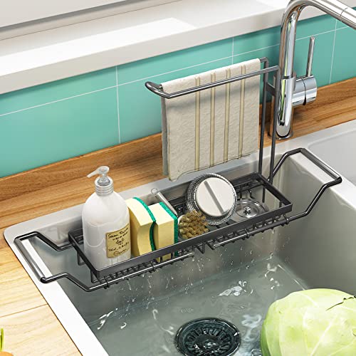 Sponge Holder for Kitchen Sink Telescopic Sink Storage Rack, Expandable for Sponge Brush Soap Dish Cloth Rag 16.7" to 21.3"(201 Stainless Steel) (304Silver)