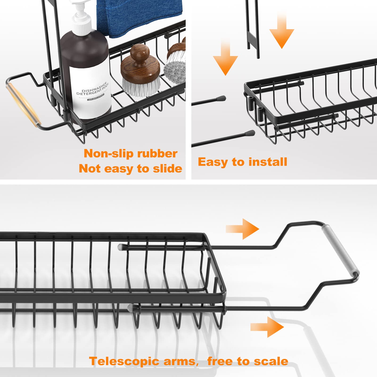 Sponge Holder for Kitchen Sink Telescopic Sink Storage Rack, Expandable for Sponge Brush Soap Dish Cloth Rag 16.7" to 21.3"(201 Stainless Steel) (304Silver)