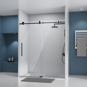 delavin 56-60" w x 75" h frameless sliding shower door, glass door with 5/16" (8mm) clear sgcc tempered glass, explosion-proof film, stainless steel hardware, matte black