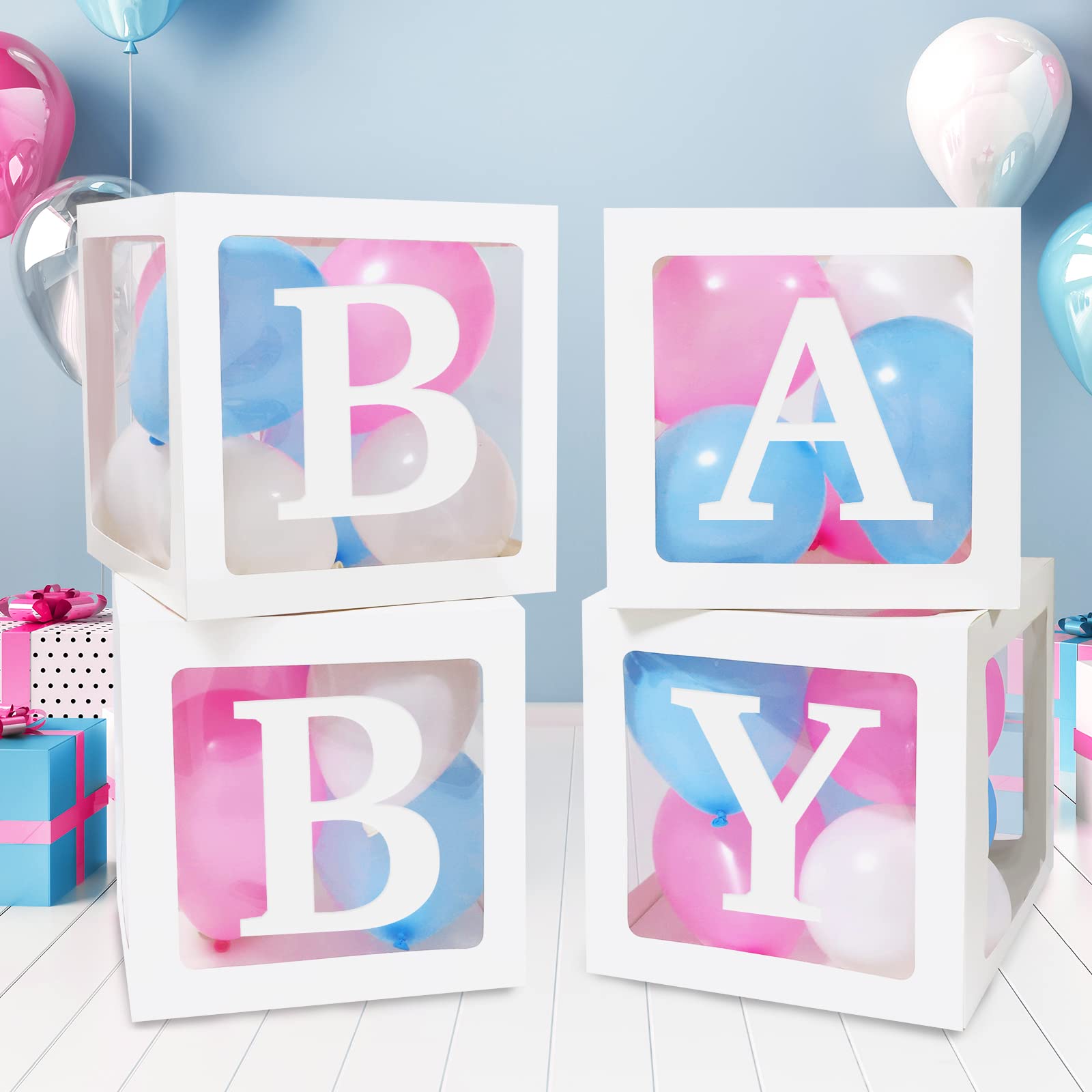 RUBFAC Baby Boxes with 41 Letters and 36 Balloons, 4pcs Clear Balloon Boxes for Baby Shower Gender Reveal Girl Boy Blocks Birthday Party Decorations