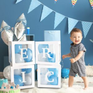 RUBFAC Baby Boxes with 41 Letters and 36 Balloons, 4pcs Clear Balloon Boxes for Baby Shower Gender Reveal Girl Boy Blocks Birthday Party Decorations