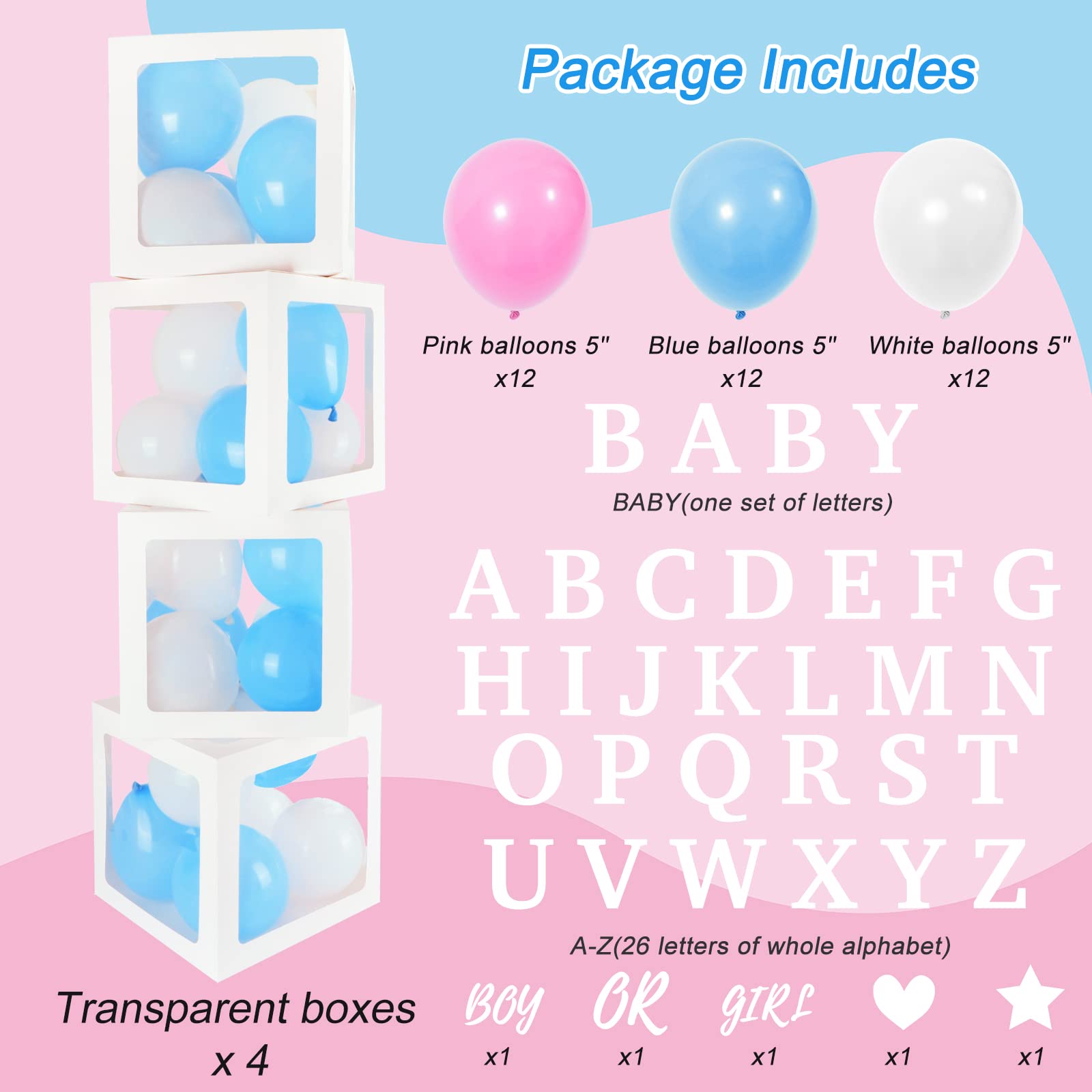 RUBFAC Baby Boxes with 41 Letters and 36 Balloons, 4pcs Clear Balloon Boxes for Baby Shower Gender Reveal Girl Boy Blocks Birthday Party Decorations