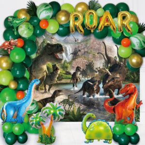 vchuffed dinosaur party decorations set | 123pcs w/reusable tapestry, dinosaur balloons, jungle balloons garland | perfect for birthday, graduation, kids and adults party