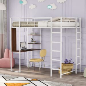 merax twin size metal loft bed with built-in desk, 2 mdf shelves, full-length guardrail and ladder, twin size high loft bed, white