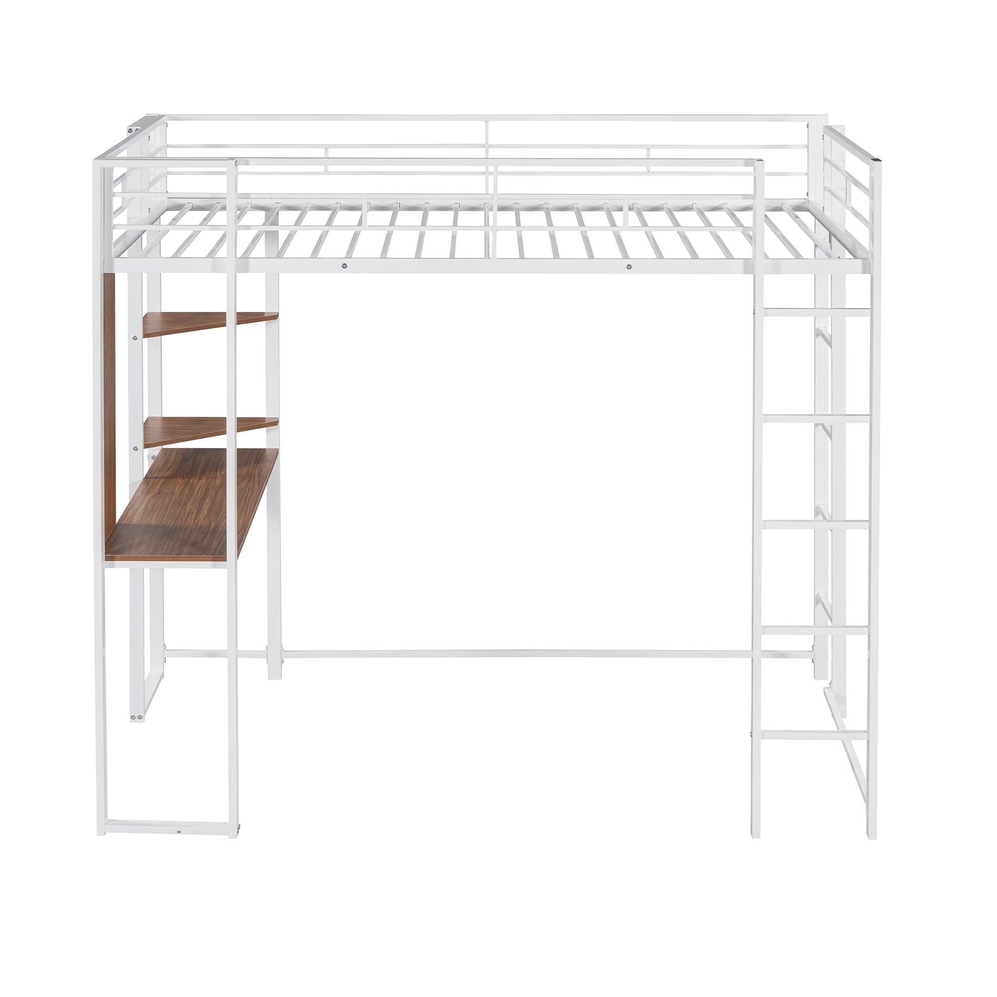 Merax Twin Size Metal Loft Bed with Built-in Desk, 2 MDF Shelves, Full-Length Guardrail and Ladder, Twin Size High Loft Bed, White