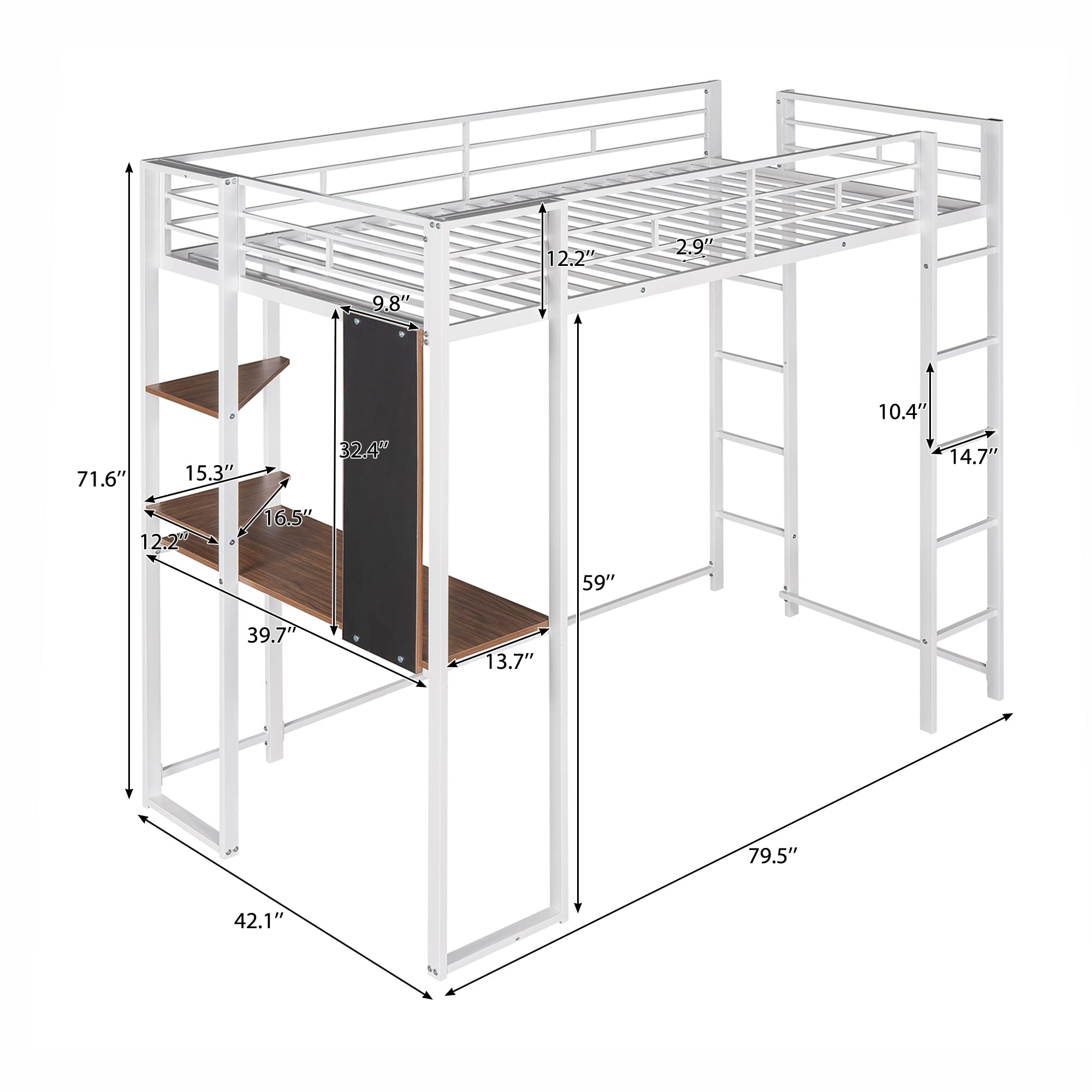 Merax Twin Size Metal Loft Bed with Built-in Desk, 2 MDF Shelves, Full-Length Guardrail and Ladder, Twin Size High Loft Bed, White