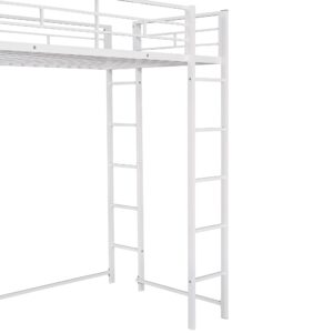 Merax Twin Size Metal Loft Bed with Built-in Desk, 2 MDF Shelves, Full-Length Guardrail and Ladder, Twin Size High Loft Bed, White