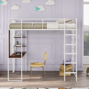 Merax Twin Size Metal Loft Bed with Built-in Desk, 2 MDF Shelves, Full-Length Guardrail and Ladder, Twin Size High Loft Bed, White